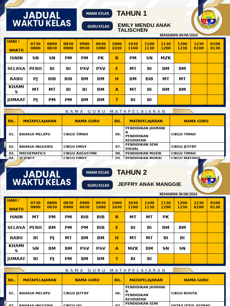 Jadual Waktu Kelas 2024 - 2025 30 Jun 2024 | PDF