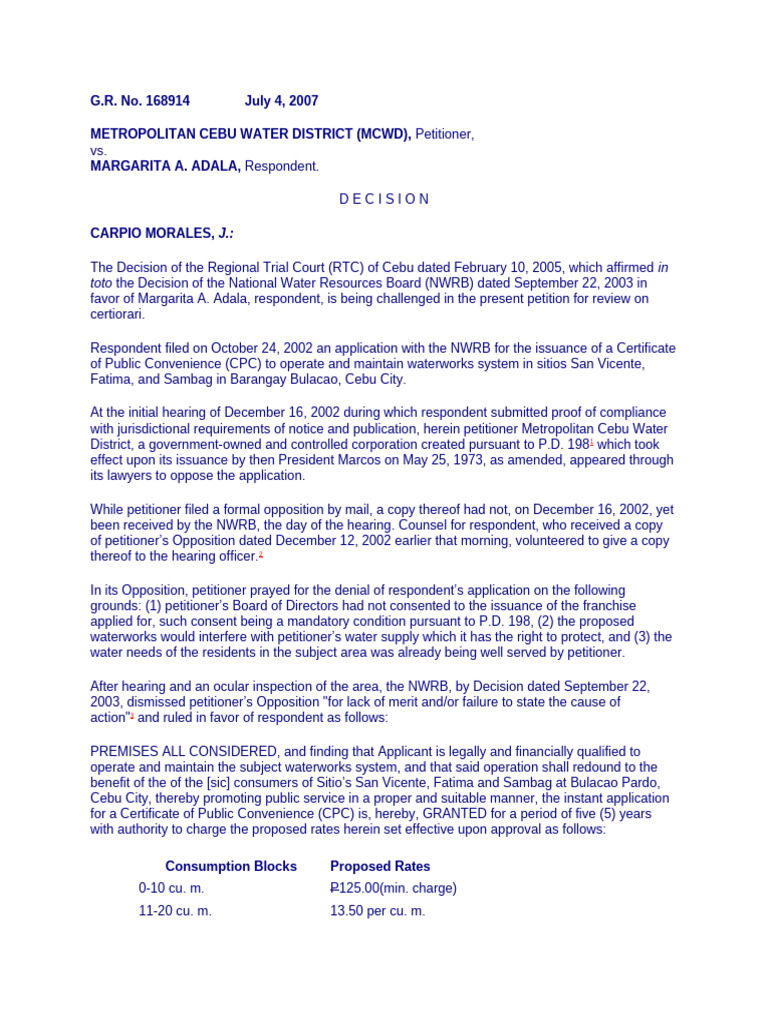 Metro Cebu Water v. Adala, G.R. No. 168914, July 4, 2007 | PDF ...