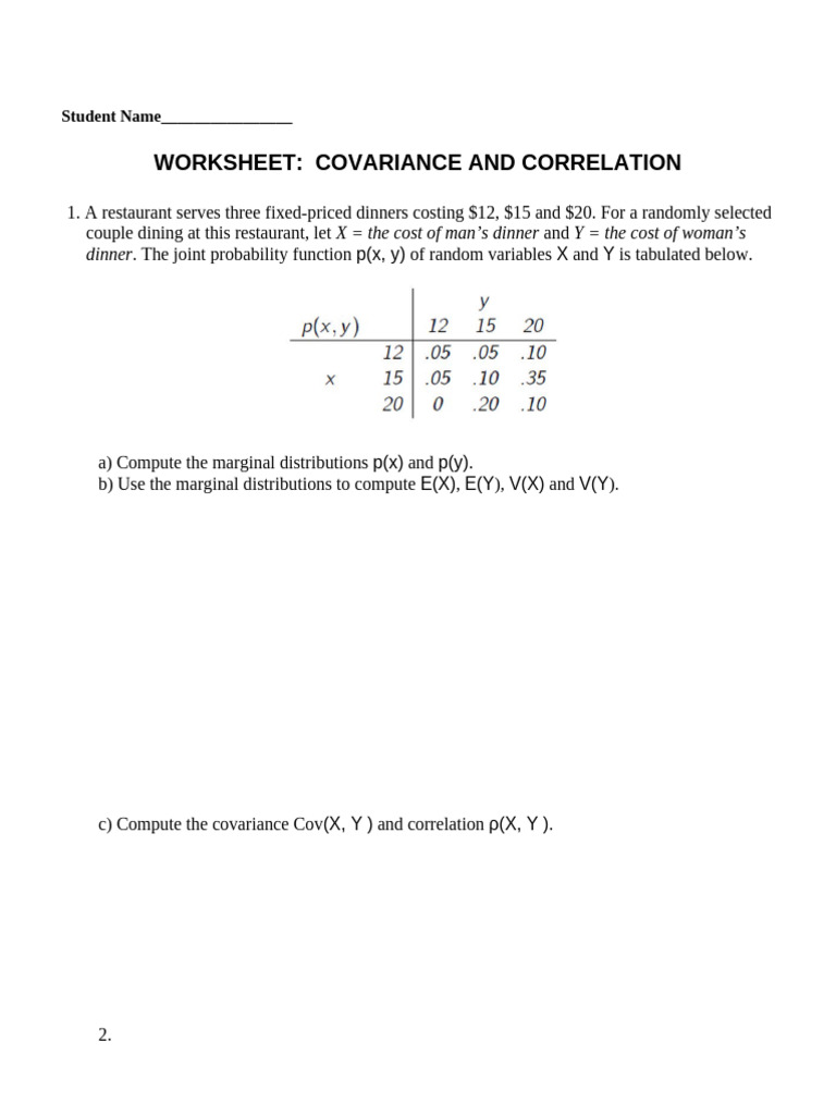 @worksheet 1-Covariance and Correlation | PDF