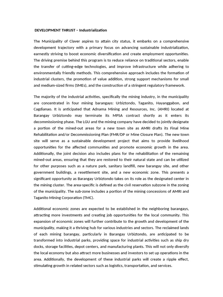 DEVELOPMENT THRUST Industrialization (FINAL) | PDF | Mining ...