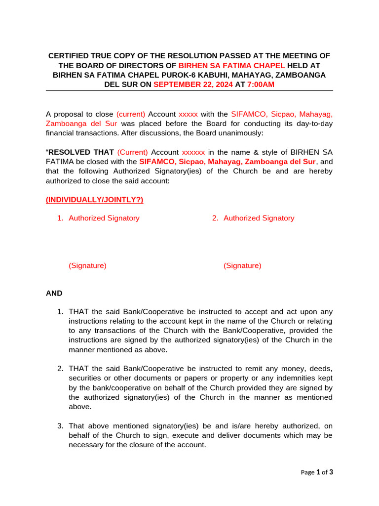 Board Reso To Close Bank Account | PDF