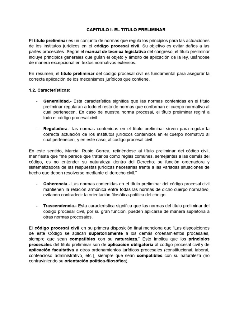 Sección Ii - Titulo Preliminar Del Codigo Procesal Civil Resumen | PDF