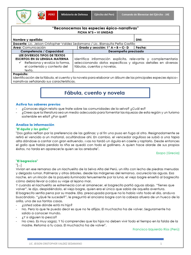 Ficha 3 - Fabula Cuento y Novela (Primero) | PDF