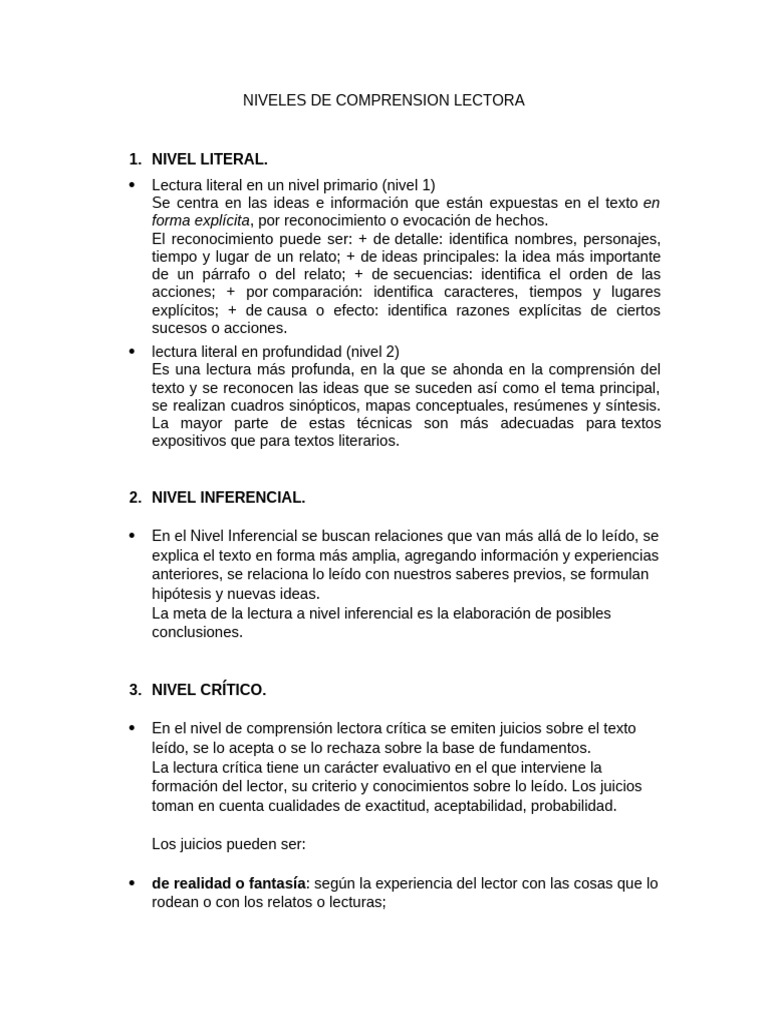NIVELES DE COMPRENSION LECTORA | PDF