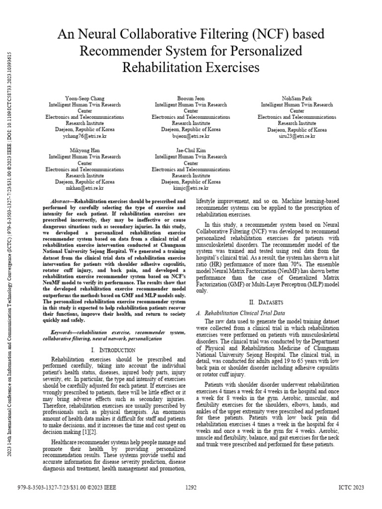 An Neural Collaborative Filtering Ncf Based Recommender System For Personalized Rehabilitation