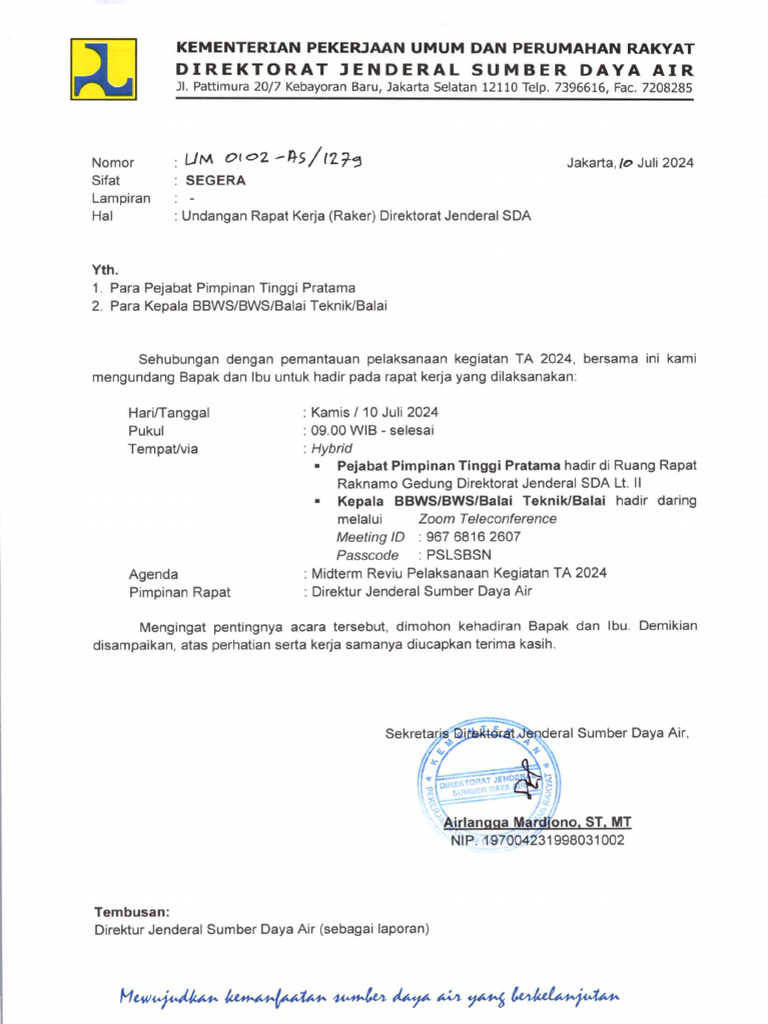 Undangan Rapat Kerja (RAKER) Direktorat Jenderal SDA (10 Juli 2024) | PDF