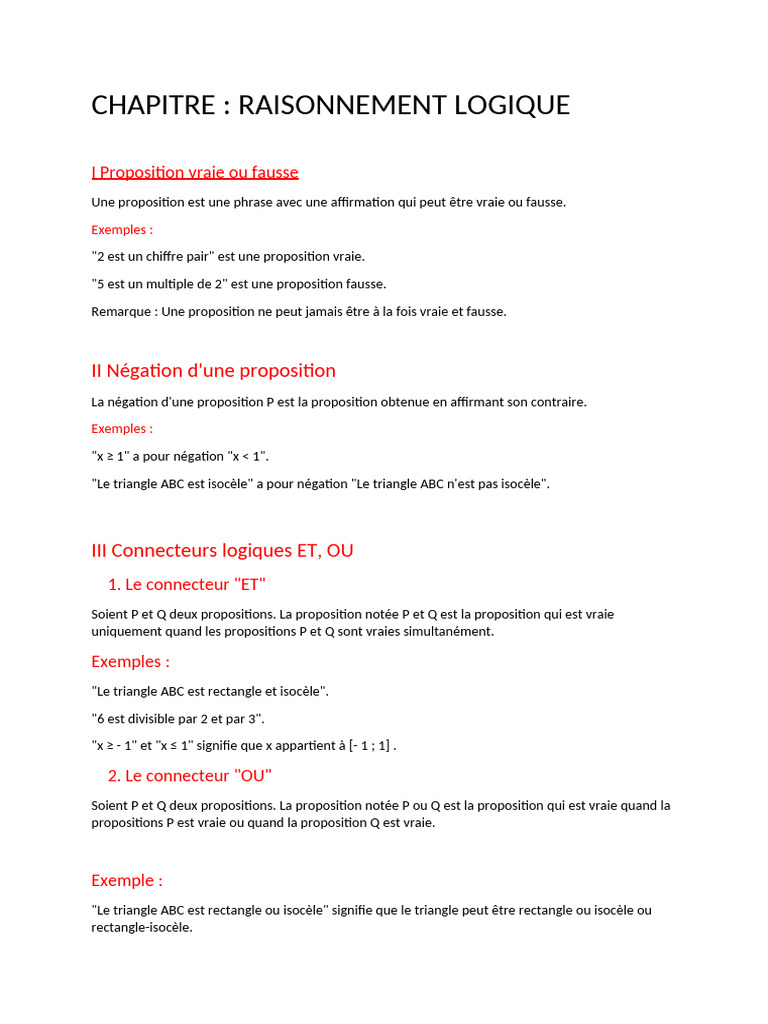 Chapitre Cours Du Raisonnement Logique | PDF