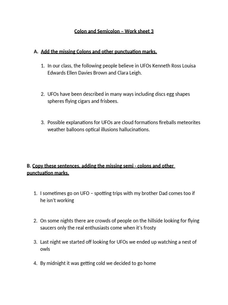 Colon and Semicolon work sheet 3 | PDF