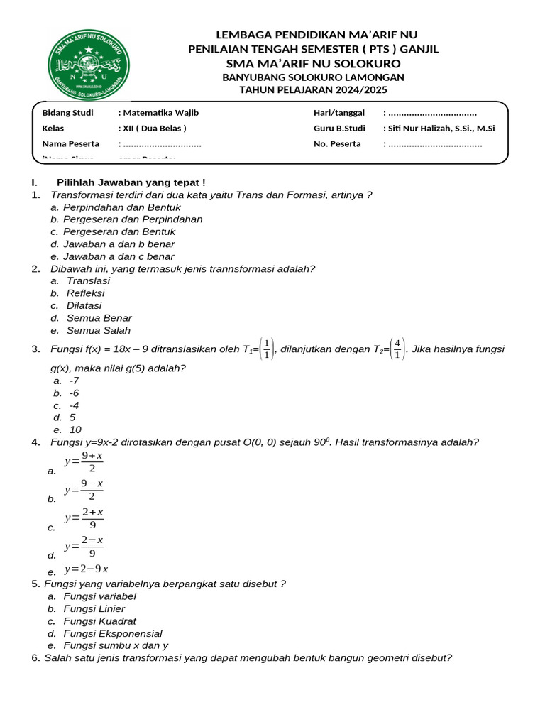 SOAL PTS MTK Wajib Xii 2024 Ganjil | PDF