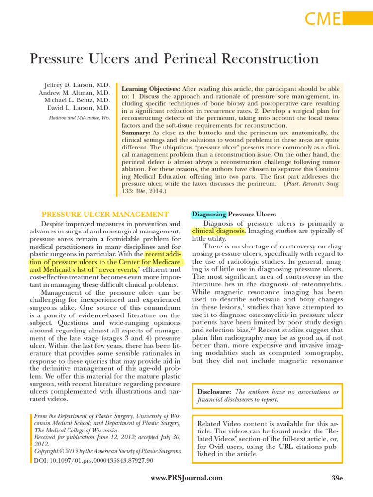Pressure Ulcers and Perineal Reconstruction - 2014 | PDF
