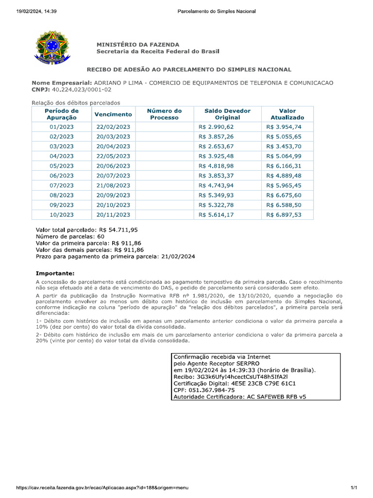 Recibo - Parcelamento | PDF