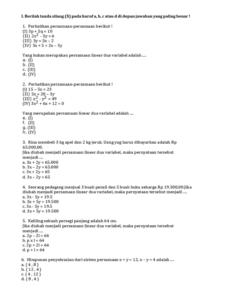 Soal Persamaan Linear Dua Variabel (SPLDV) | PDF