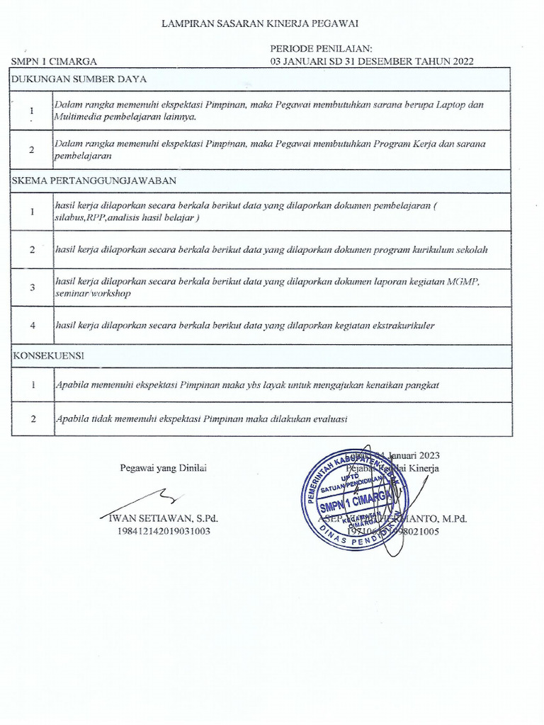Lampiran Skp Iwan Setiawan 2022 Smpn 1 Cimarga | PDF