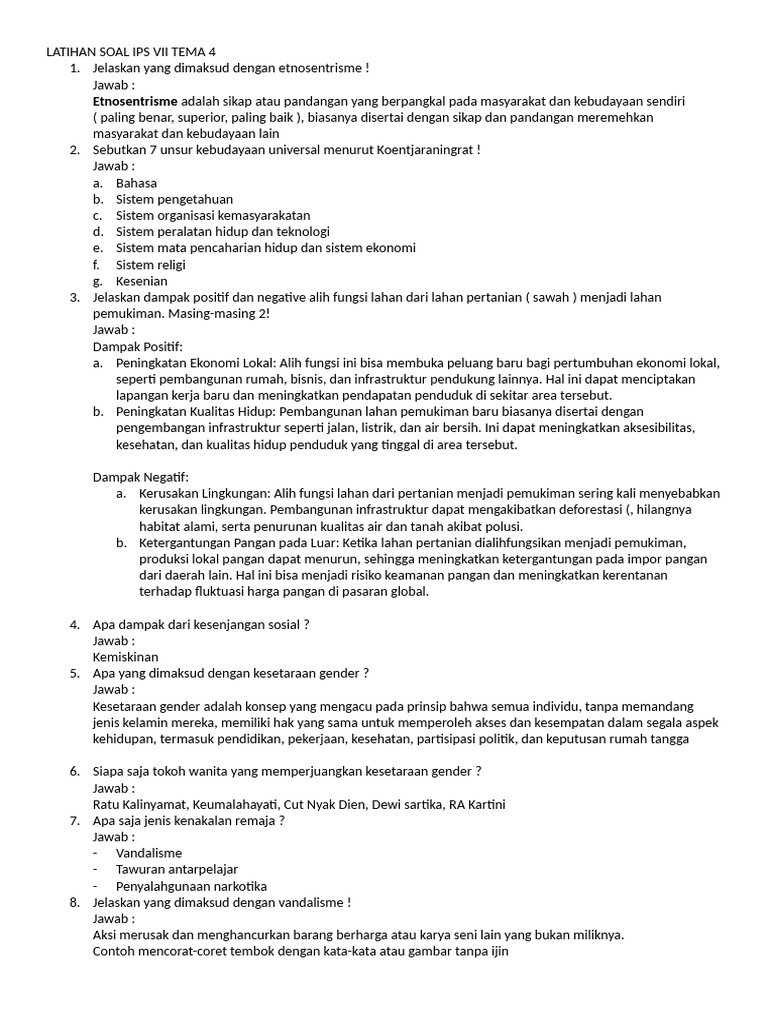 LATIHAN SOAL IPS VII TEMA 4 Kunci | PDF
