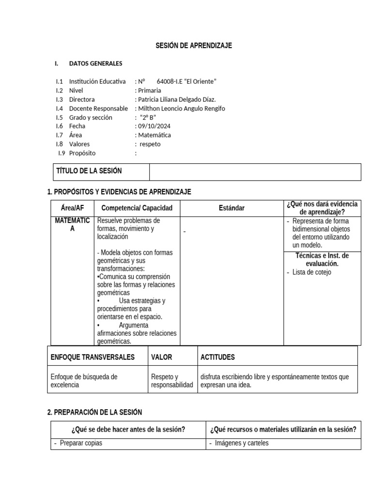 Sesion de Aprendizaje Matematica | PDF | Evaluación | Aprendizaje