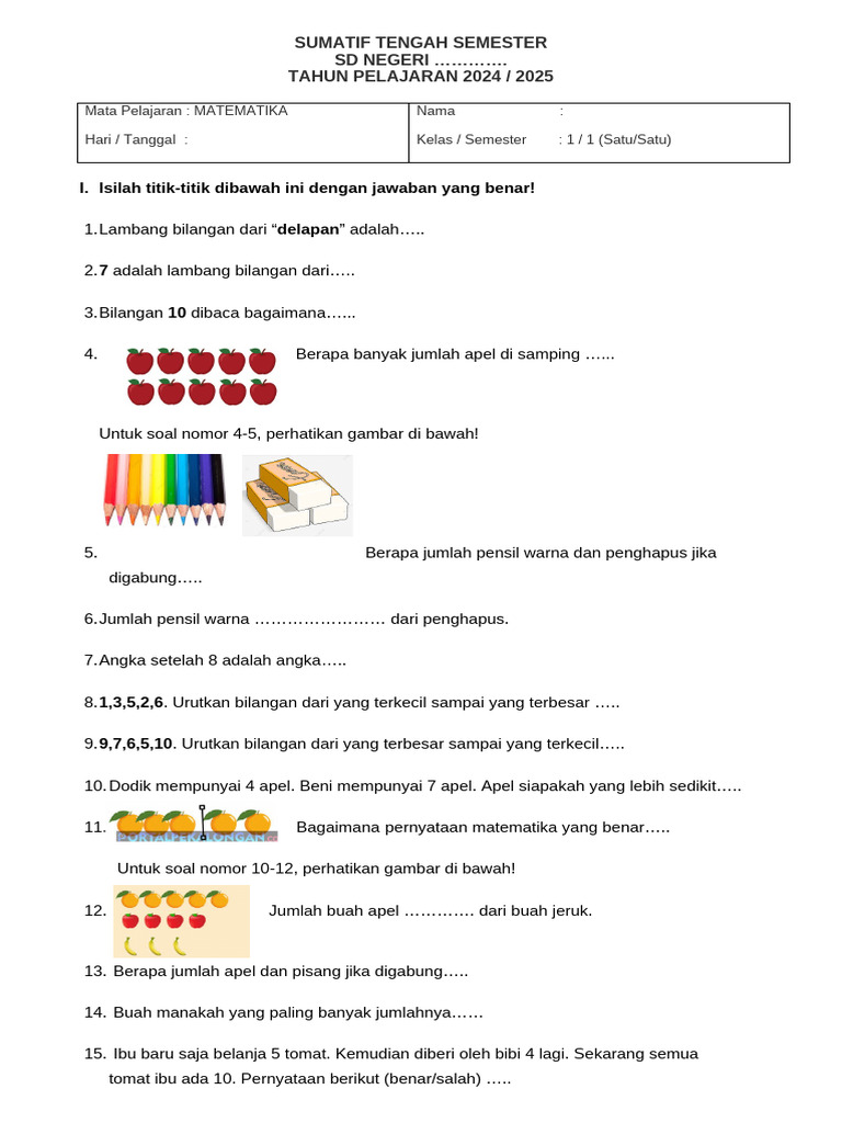 Soal Sumatif Tengah Semester MTK KLS 1 | PDF
