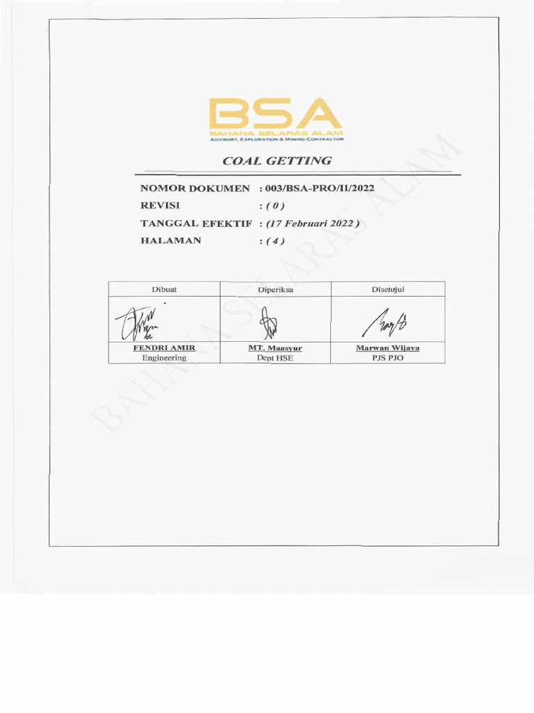 Sop Coal Getting | PDF