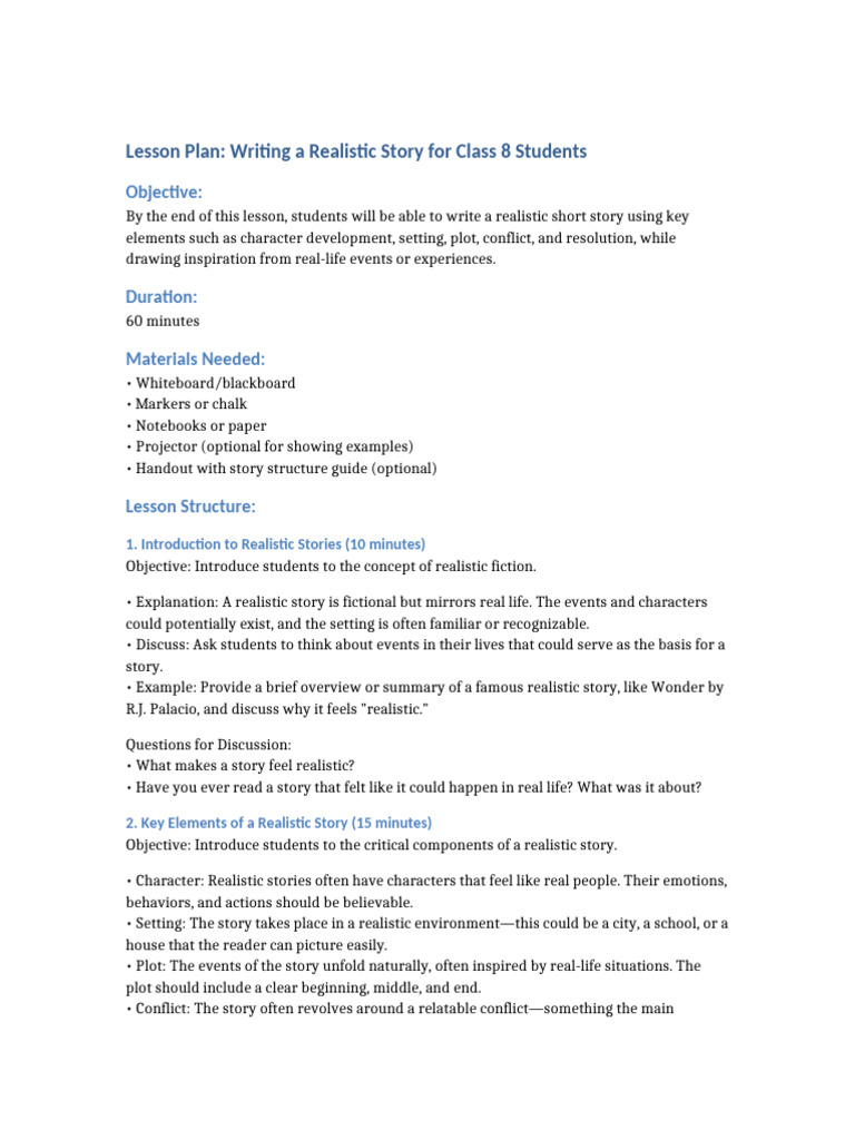 Realistic Story Writing Lesson Plan Class 8 | PDF | Brainstorming ...