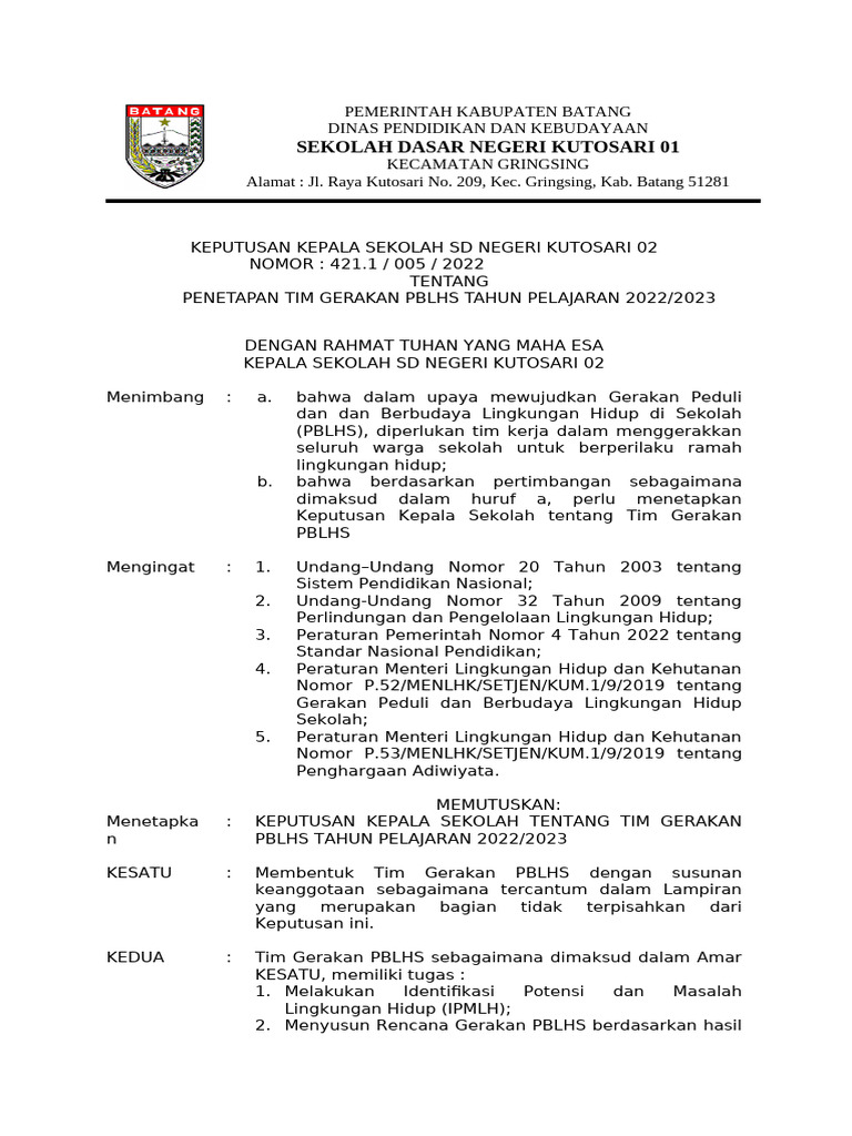 DRAFT (TEMPLATE) SK Gerakan PBLHS | PDF