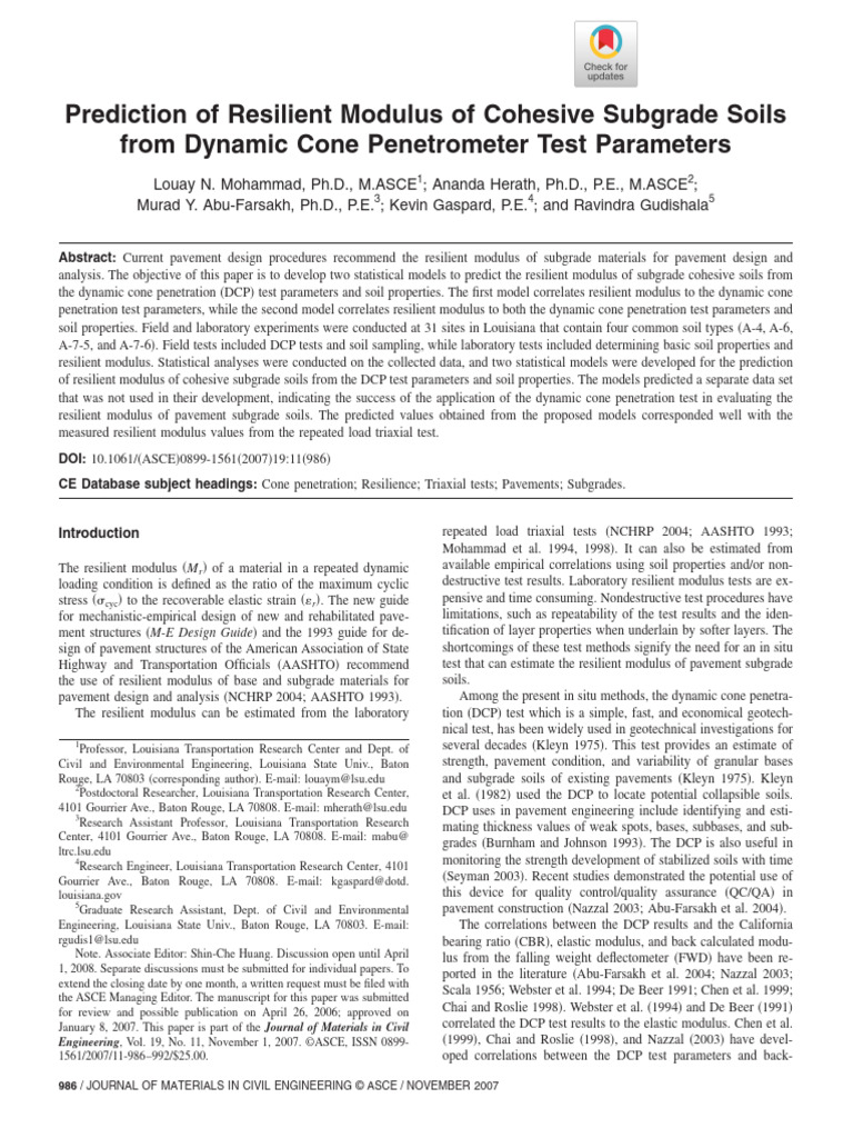 Gudishala Et Al 2007 Prediction of Resilient Modulus of Cohesive Subgrade Soils From Dynamic ...