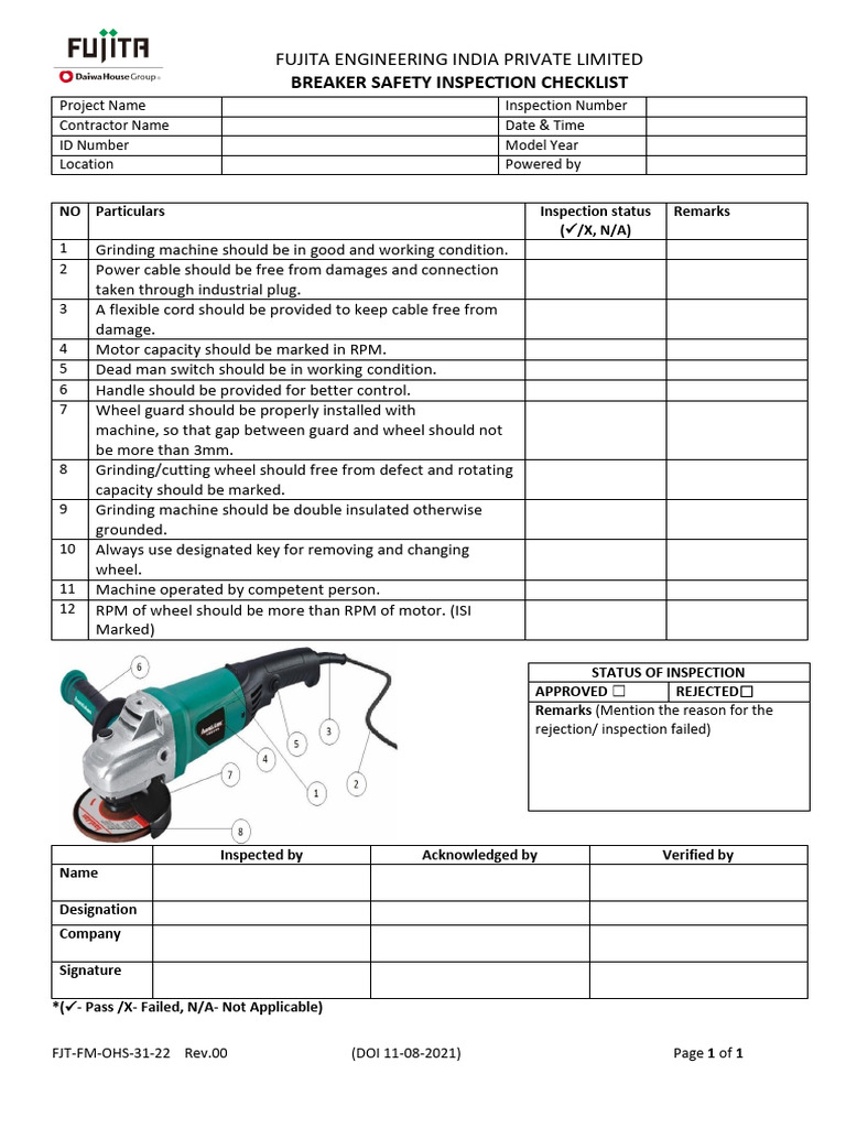 FJT-FM-OHS-31-00 Rev.00 Portable Grinder Safety Inspection Checklist | PDF