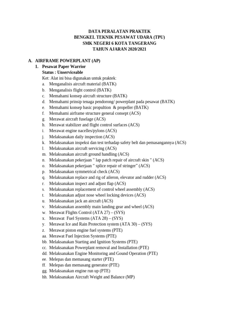 Data Peralatan Praktek Di Hangar | PDF