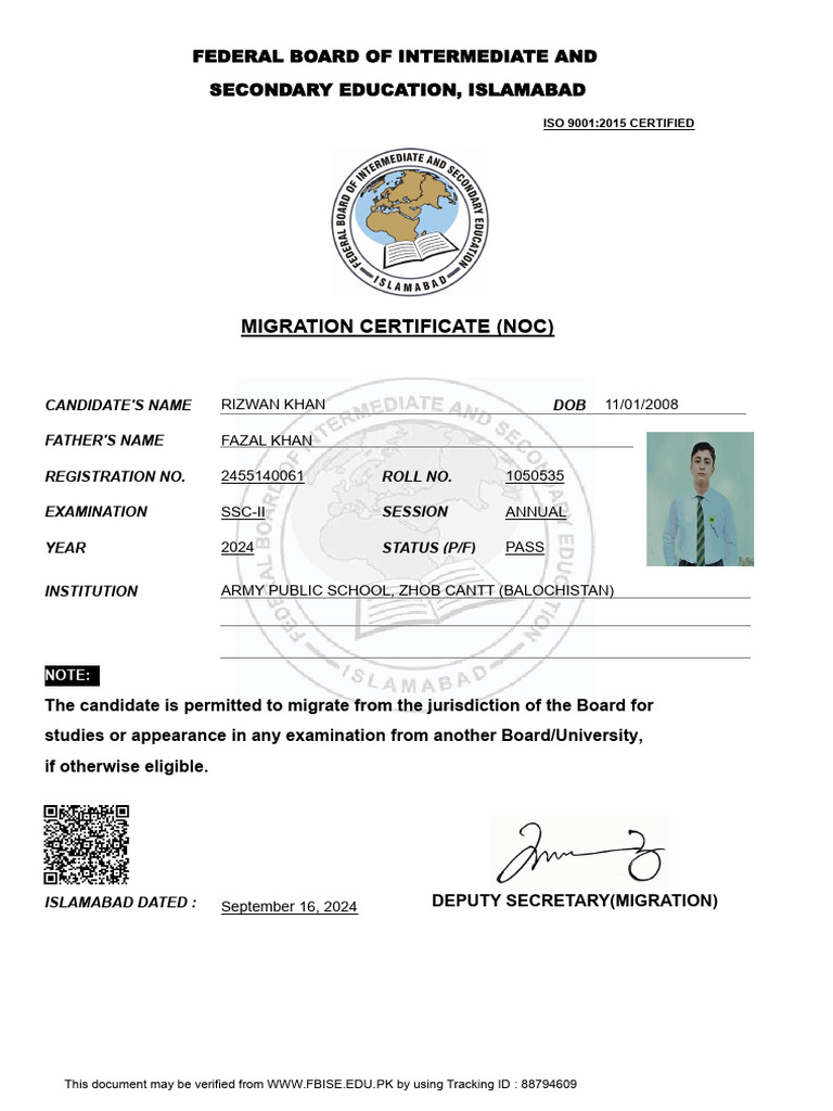 Migration Certificate (Noc) : Federal Board of Intermediate and ...