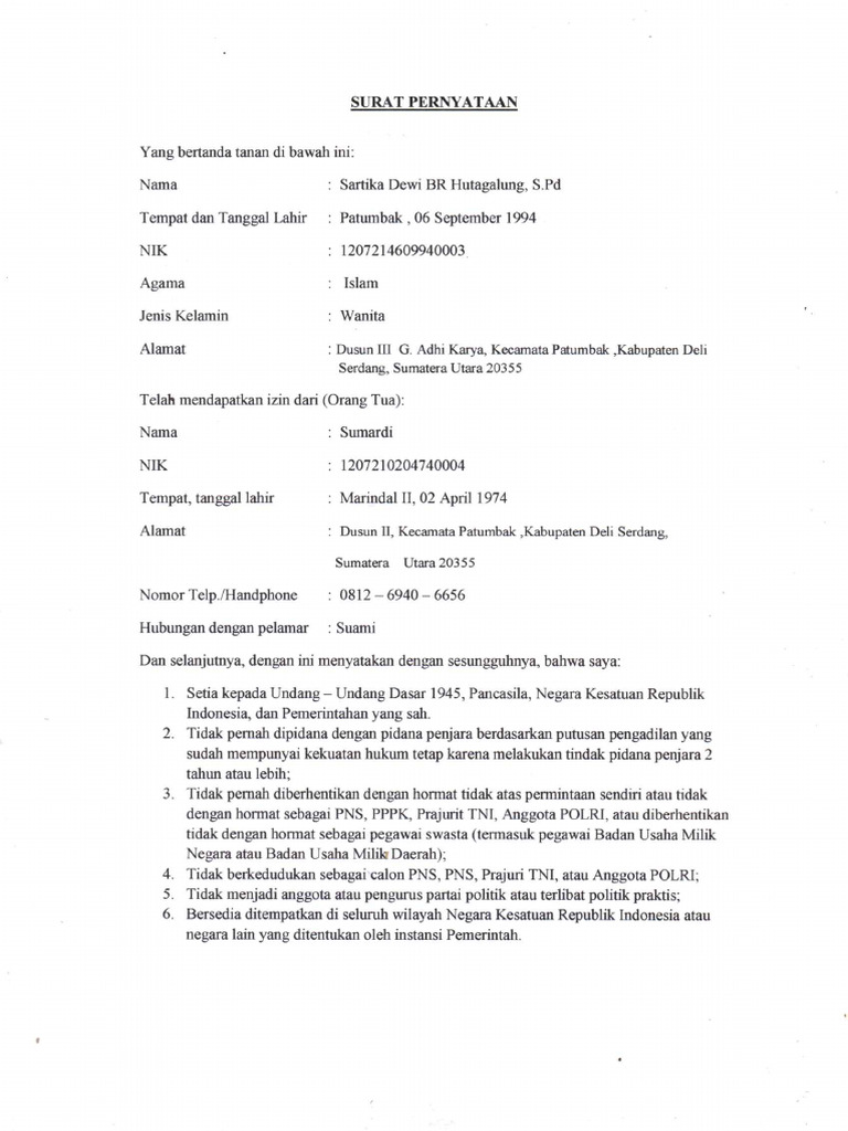 Surat Pernyataan Sartika | PDF