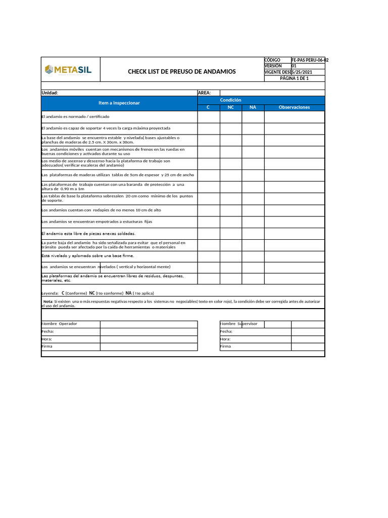 FE-PAS PERU-06-02 Check list de preuso andamios | PDF