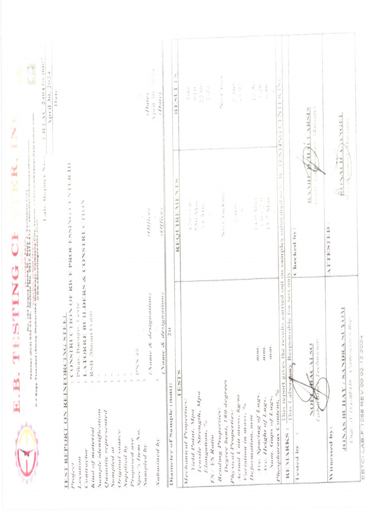 Test Result - Concrete Compressive Strength & Reinforcing Steel | PDF