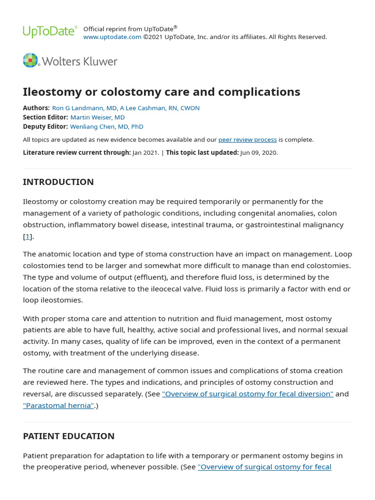 Ileostomy or Colostomy Care and Complications - UpToDate | PDF