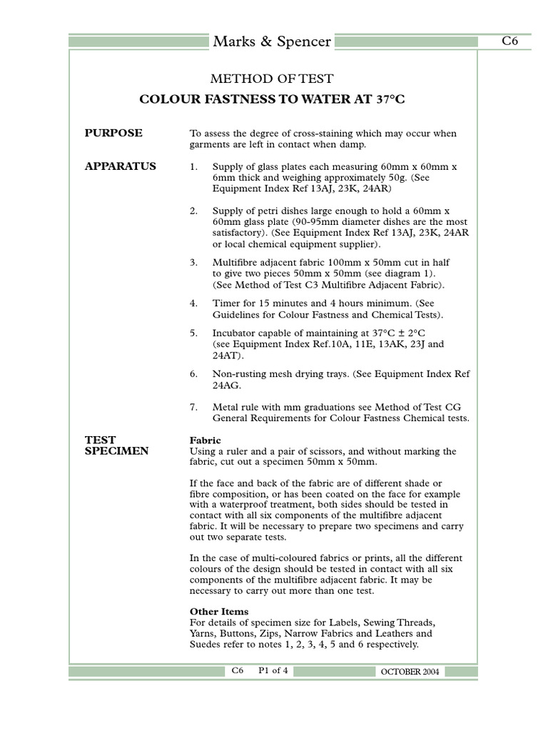 Marks & Spencer: Colour Fastness To Water at 37°C | PDF