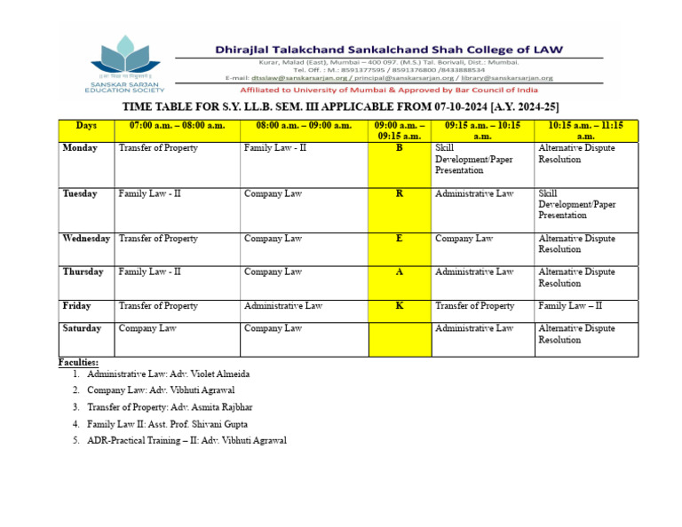 SY LLB SEM III - Time Table (1) | PDF