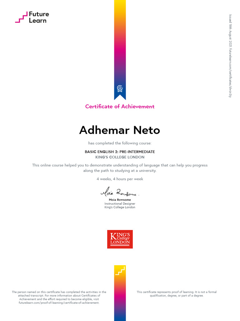 Basic-English-pre-Intermediate Certificate of Achievement Dwzv3iy | PDF ...