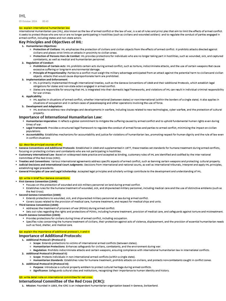 Key Principles and Objectives of IHL:: 05 October 2024 00:43 | PDF ...