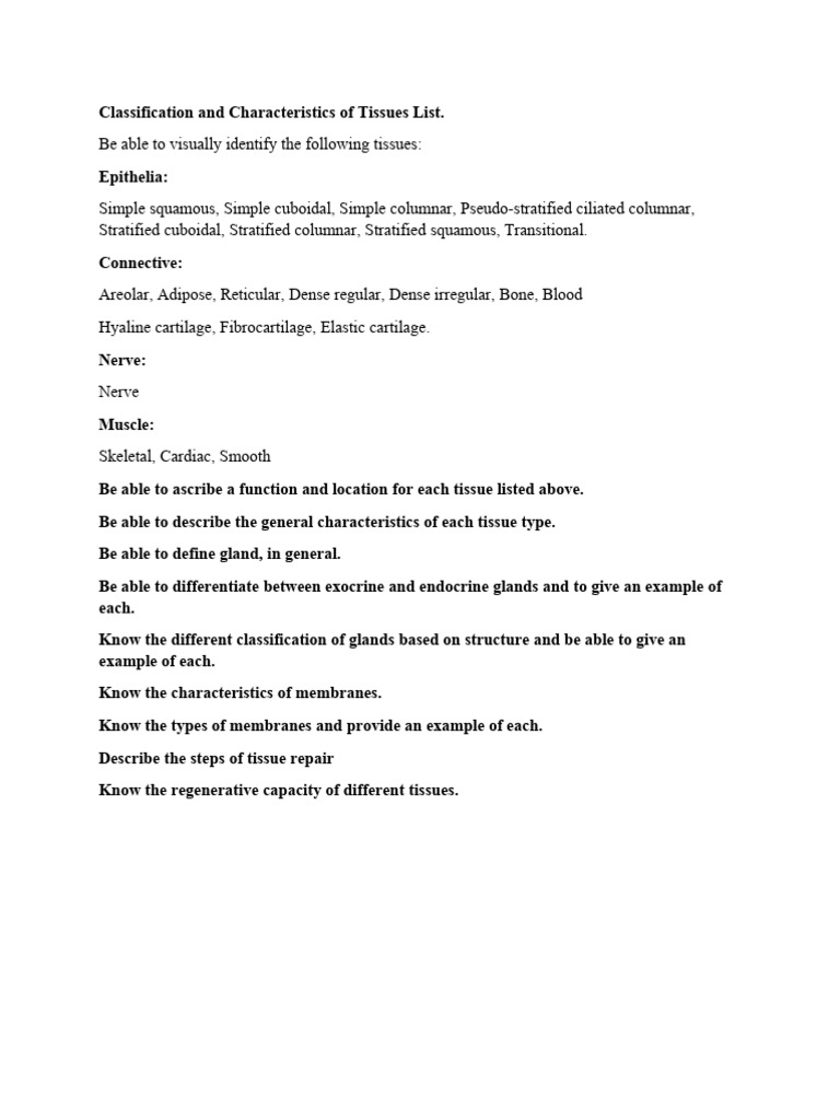 Classification and Characteristics of Tissues List Fall 21 - Tagged | PDF