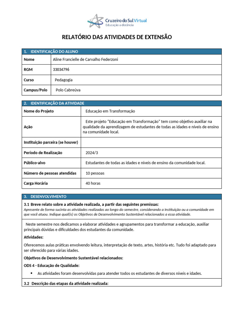 Relatório de Entrega de Atividades Extensionistas Pedagogia (1) | PDF