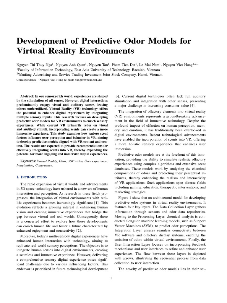 Development of Predictive Odor Models For Virtual Reality Environments ...