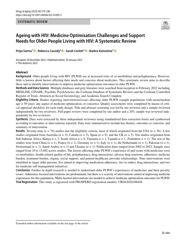 Ageing With HIV: Medicine Optimisation Challenges and Support Needs For Older People Living With ...
