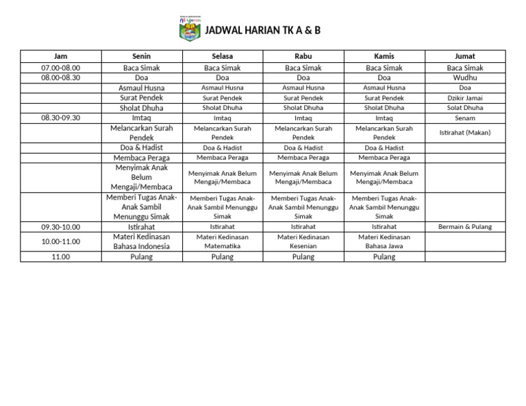 Jadwal Harian TK A & B | PDF
