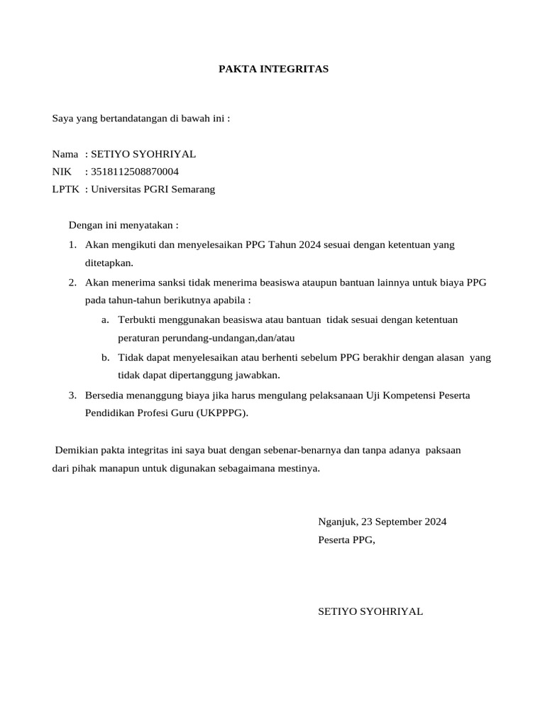 Pakta Integritas PPG Bagi Guru Tertentu 2024 1 | PDF