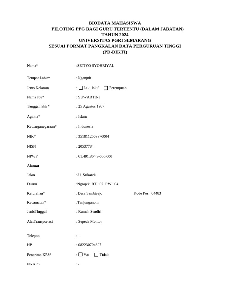 Biodata Mahasiswa PPG | PDF