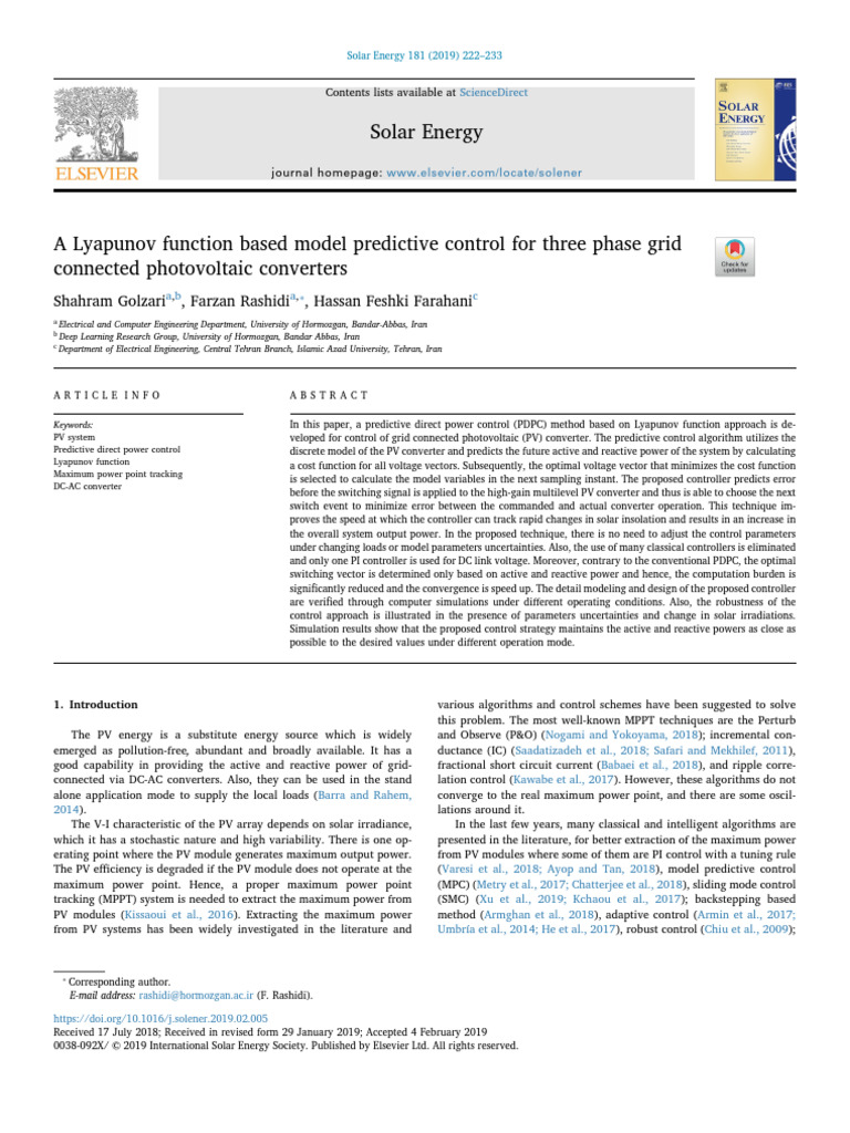 A Lyapunov Function Based Model Predictive Control For Three Phase Grid Connected Photovoltaic ...