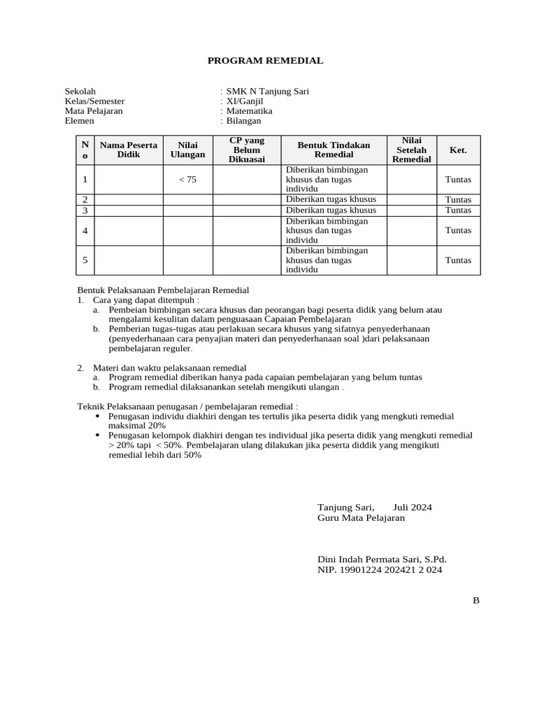 Program Remedial Form | PDF