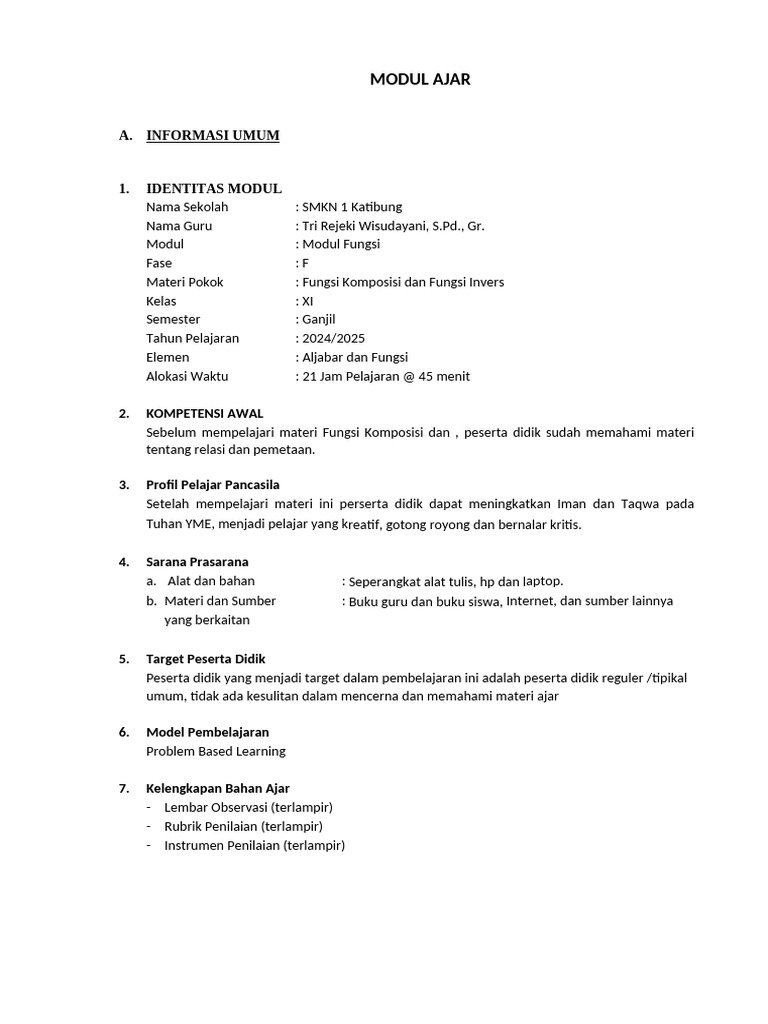 MODUL AJAR 3 FUNGSI | PDF