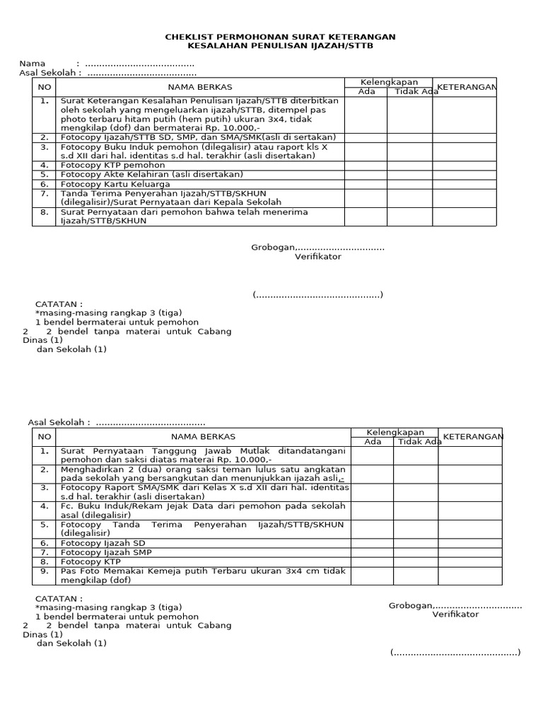 Chek List Pelayanan I | PDF