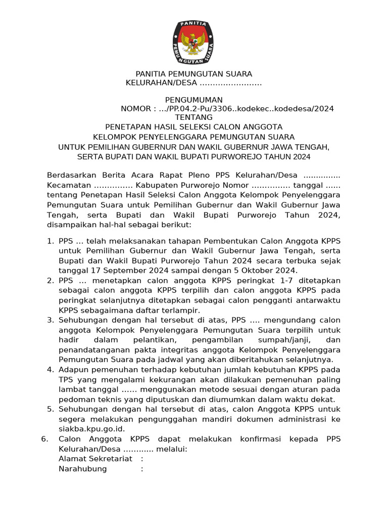 Template Pengumuman PPS Penetapan Hasil Seleksi KPPS | PDF