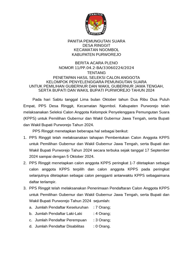 Ba Penetapan Hasil Seleksi KPPS Ringgit | PDF