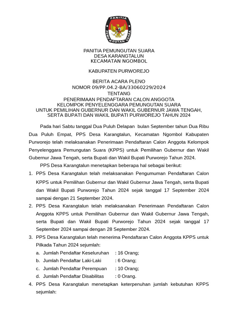 Template Berita Acara PPS Penerimaan Pendaftaran KPPS | PDF