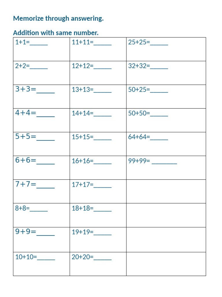 Addition Memorization | PDF